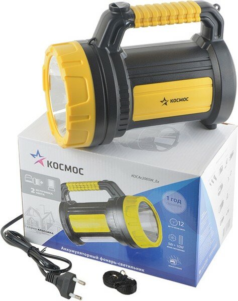 Светодиодный фонарь-прожектор 10Вт, 2Ач, 3 реж. (бок. пан.), аккумулят-ный (зарядка 220В/12В) - космос KOCAc2005W