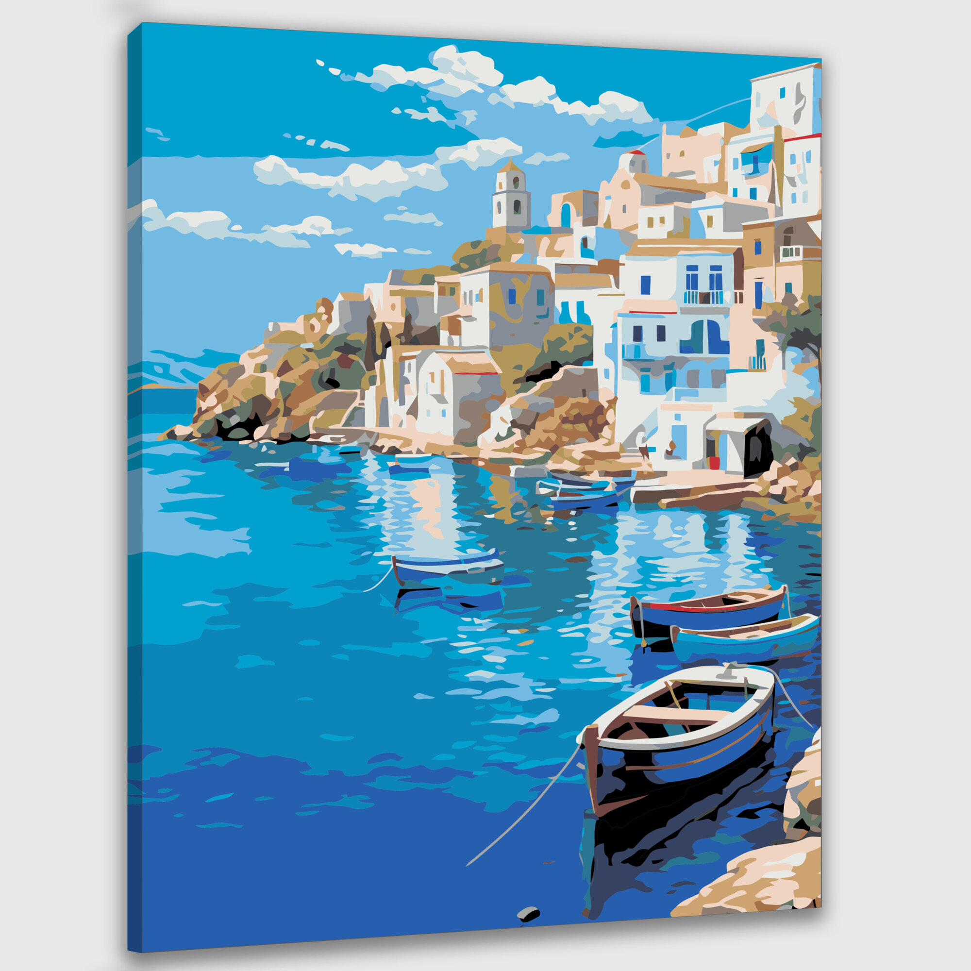 Картина по номерам 40x50 см, цифровая картина, греческие острова, море синего цвета, побеленная деревня, рыбацкие лодки