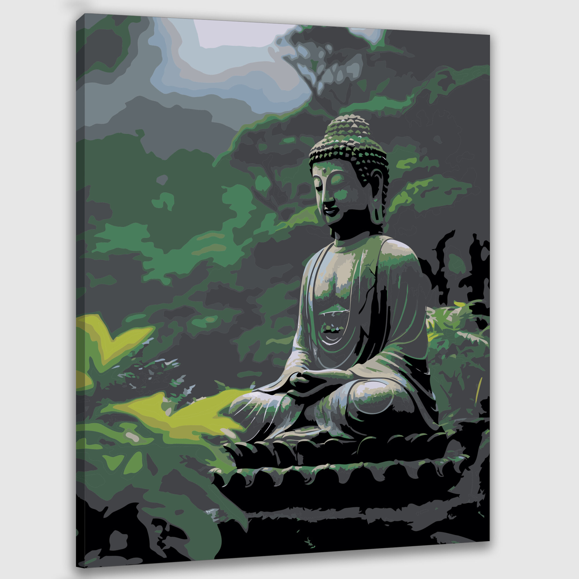 Картина по номерам 40x50 см, Будда, статуя, камень, горы, зелень, облака, тени, освещение, детали, глубина, объемность