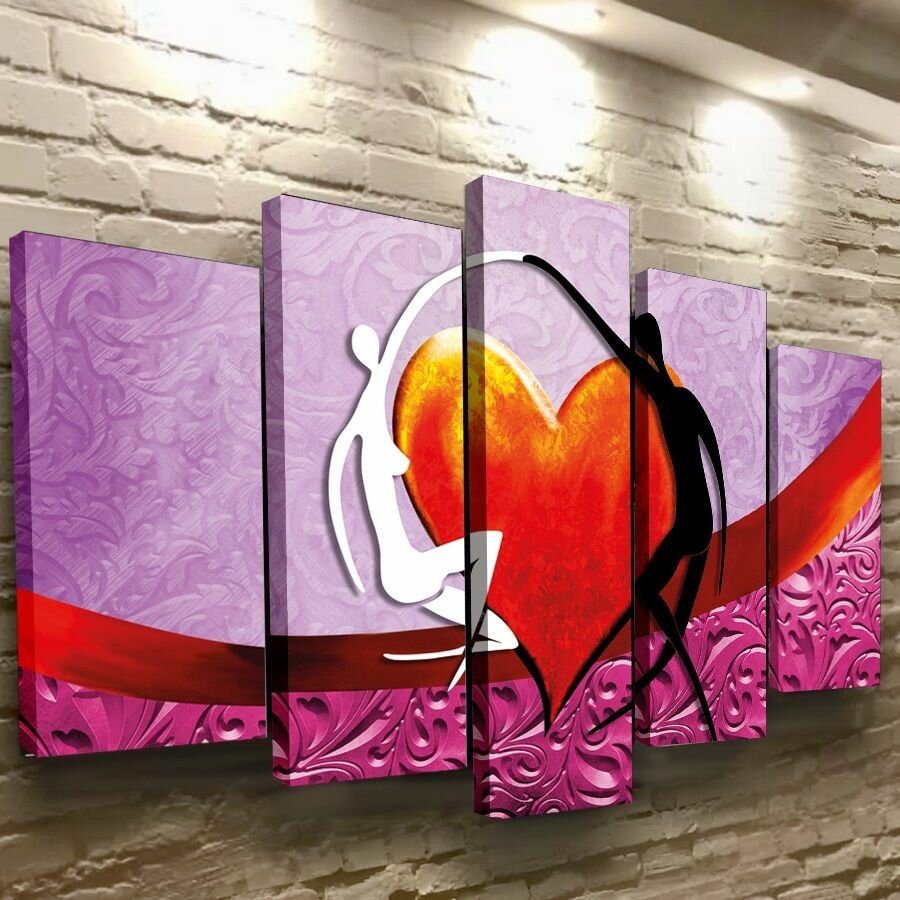 Модульная картина на стену modul007 "Огненное сердце" из 5 модулей 140х80 см для интерьера комнаты на подрамнике