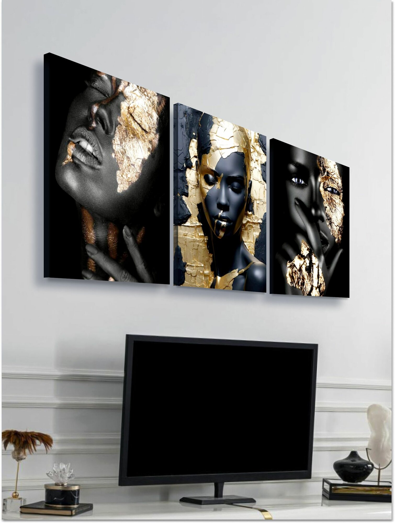 Картина Золотая сдержанность модульная 50x70см 3шт, на деревянном подрамнике