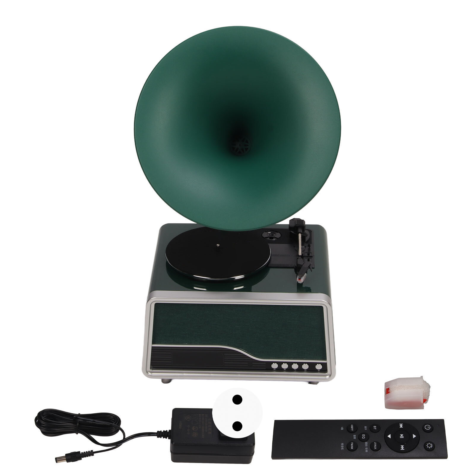Винтажный граммофон Bluetooth -динамик USB Дистанционный контроль виниловый проигрыватель для дома 100–240 В черноватый зеленый ев.