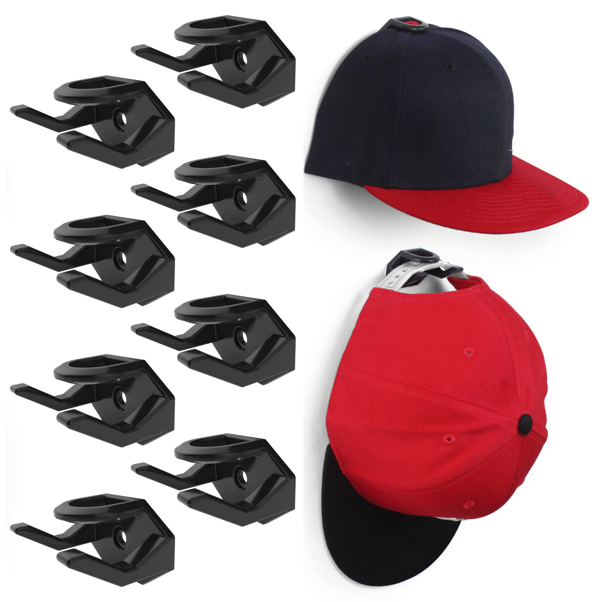 Крючки для шапок на клею (8 штук) - держатель для бейсбольных кепок, отображение кепок, крепление крючков, черный, материал ABS пластик, вес до 3 фунтов, размеры 2 x 1.3 x 1.5 дюйма, с клеем и шурупами