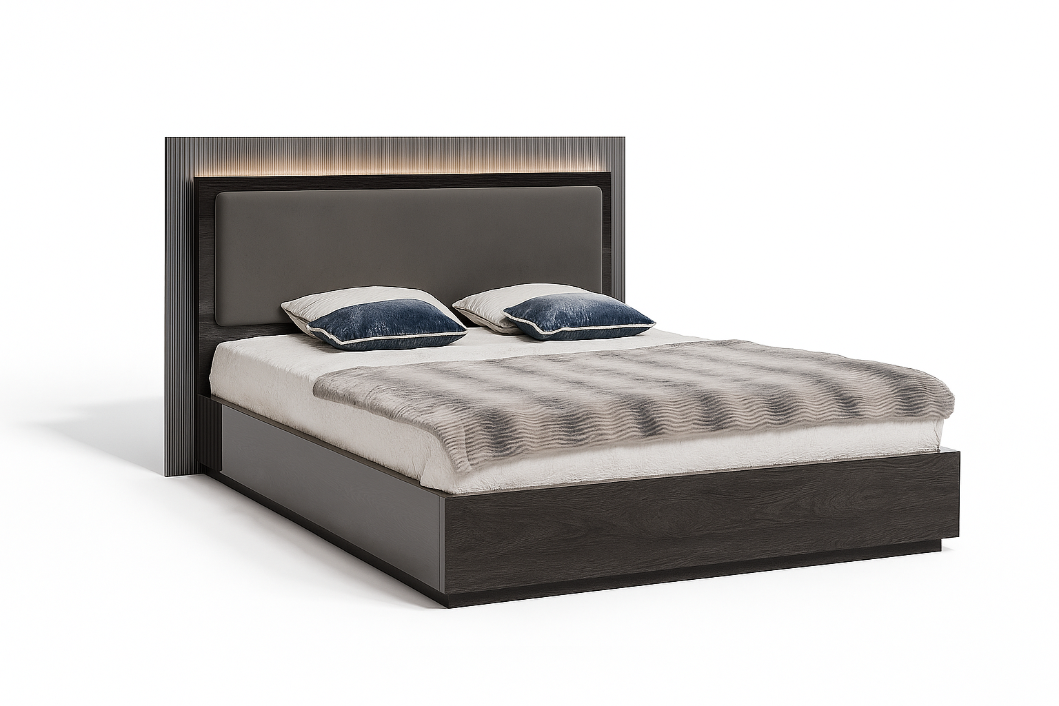 Кровать Camelgroup ONYX с мягким изголовьем SOFT, двуспальная, с подсветкой LED, цвет Металлик канате и Med Blue