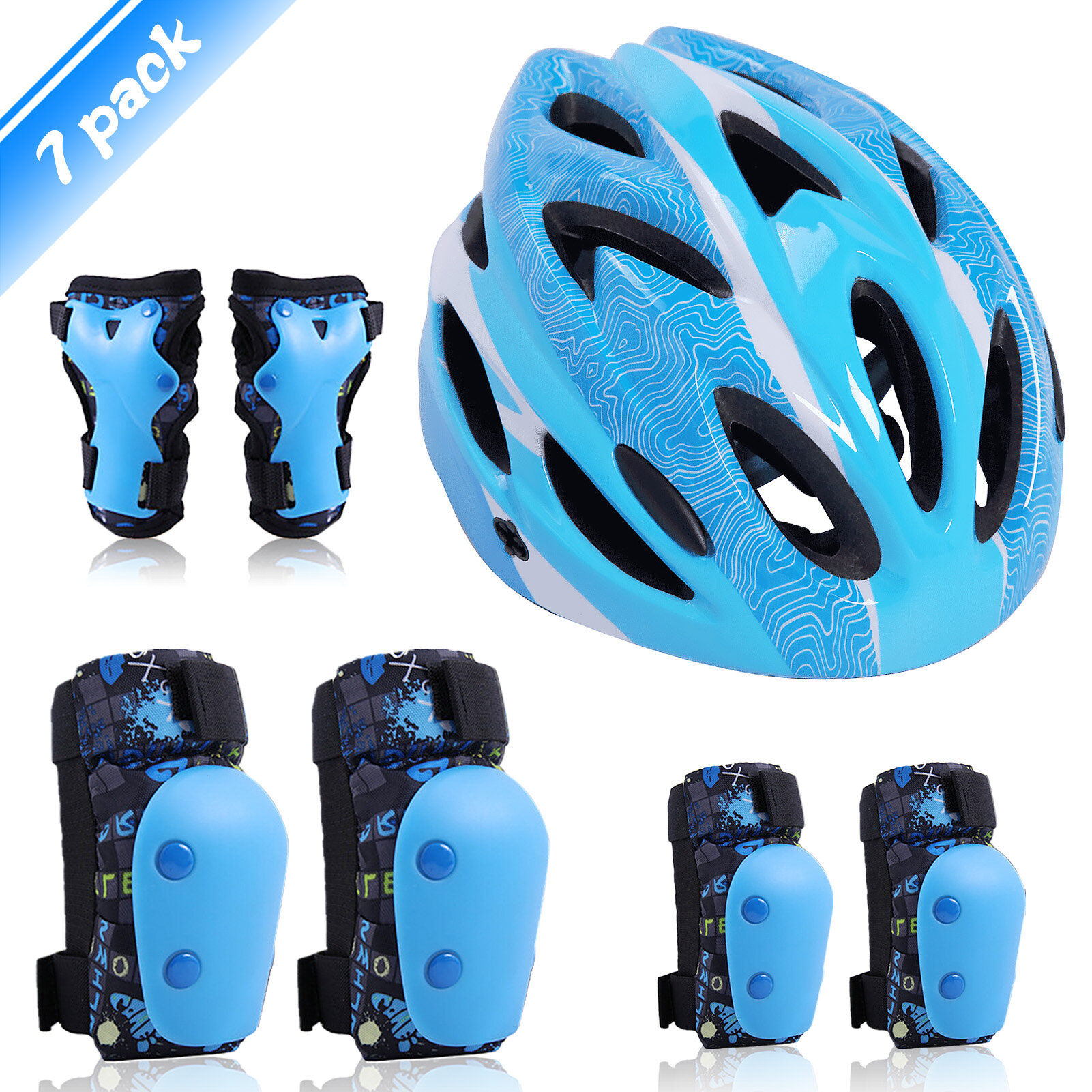 Набор защитной экипировки для детей 7 в 1: шлем, локти, колени, защиты запястий, розовый/синий цвет, размер универсальный для шлема, размеры S(3-7 лет)/M(8-12 лет) для налокотников, коленников и защит запястий, для велосипеда, скейтборда, самоката