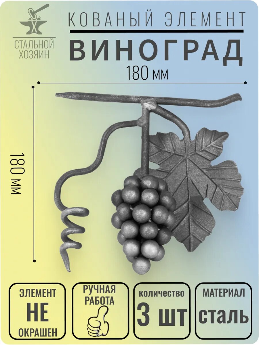 3 шт. Декоративный кованый элемент Виноградная гроздь 180х180 мм
