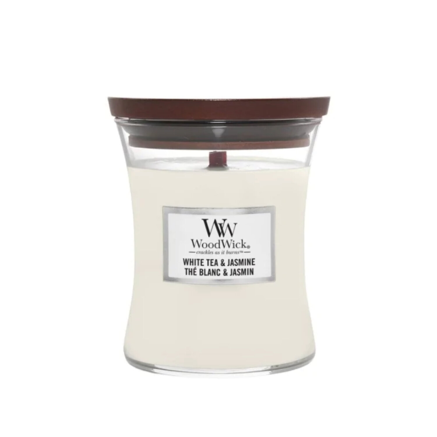 Ароматическая свеча WoodWick "Белый час и жасмин/WHITE TEA & JASMINE", средняя