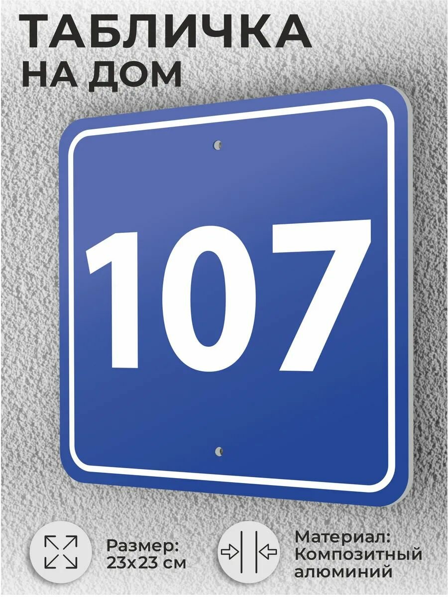 Адресная табличка с номером дома синяя, домовой знак №107