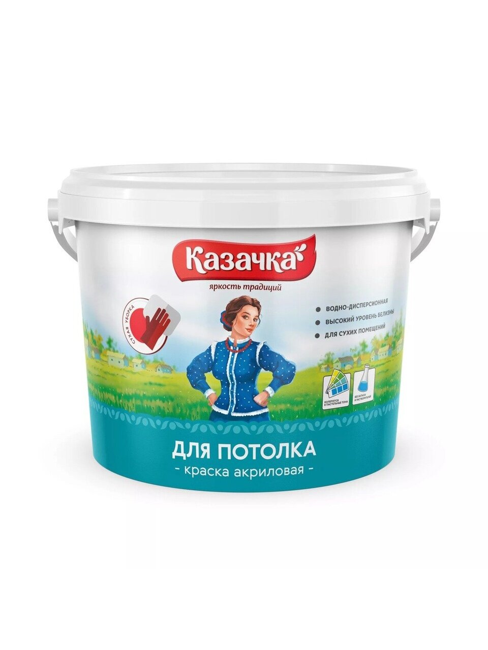 Краска воднодисперсионная, Казачка, W-1, акриловая, для потолков, матовая, 2.7 кг