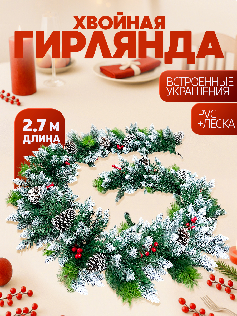 Гирлянда хвойная с декором и инеем на лапках, ПВХ и пушистые лапки из Лески