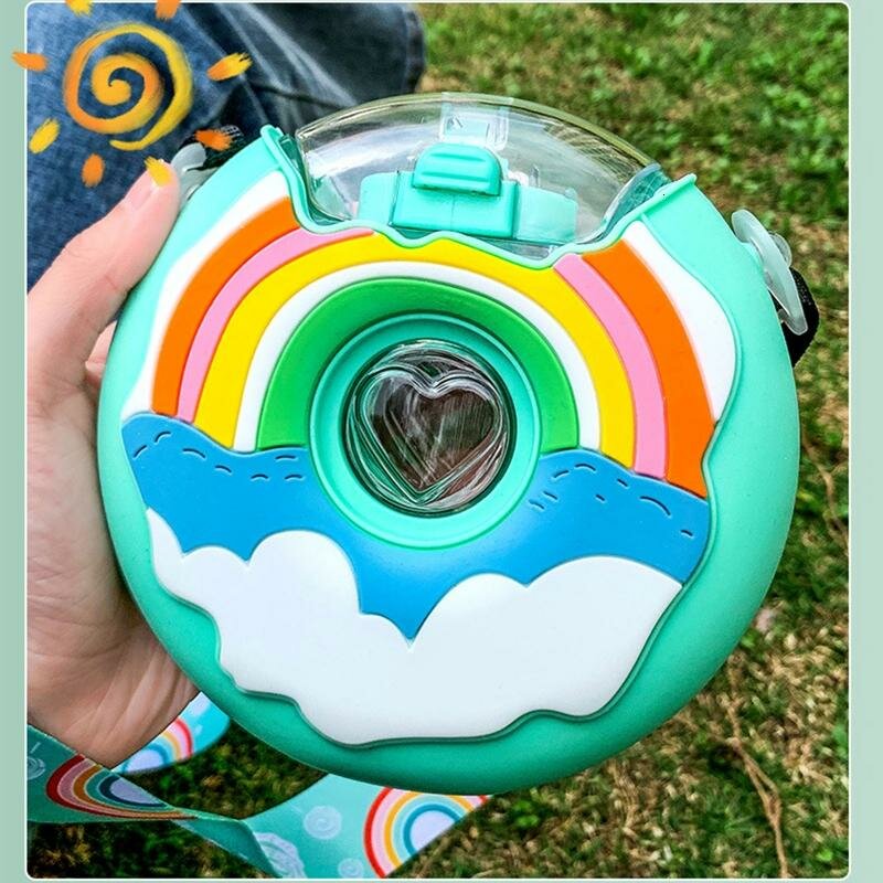 Круглая бутылка для воды с соломинкой и ремешком, Голубая радуга