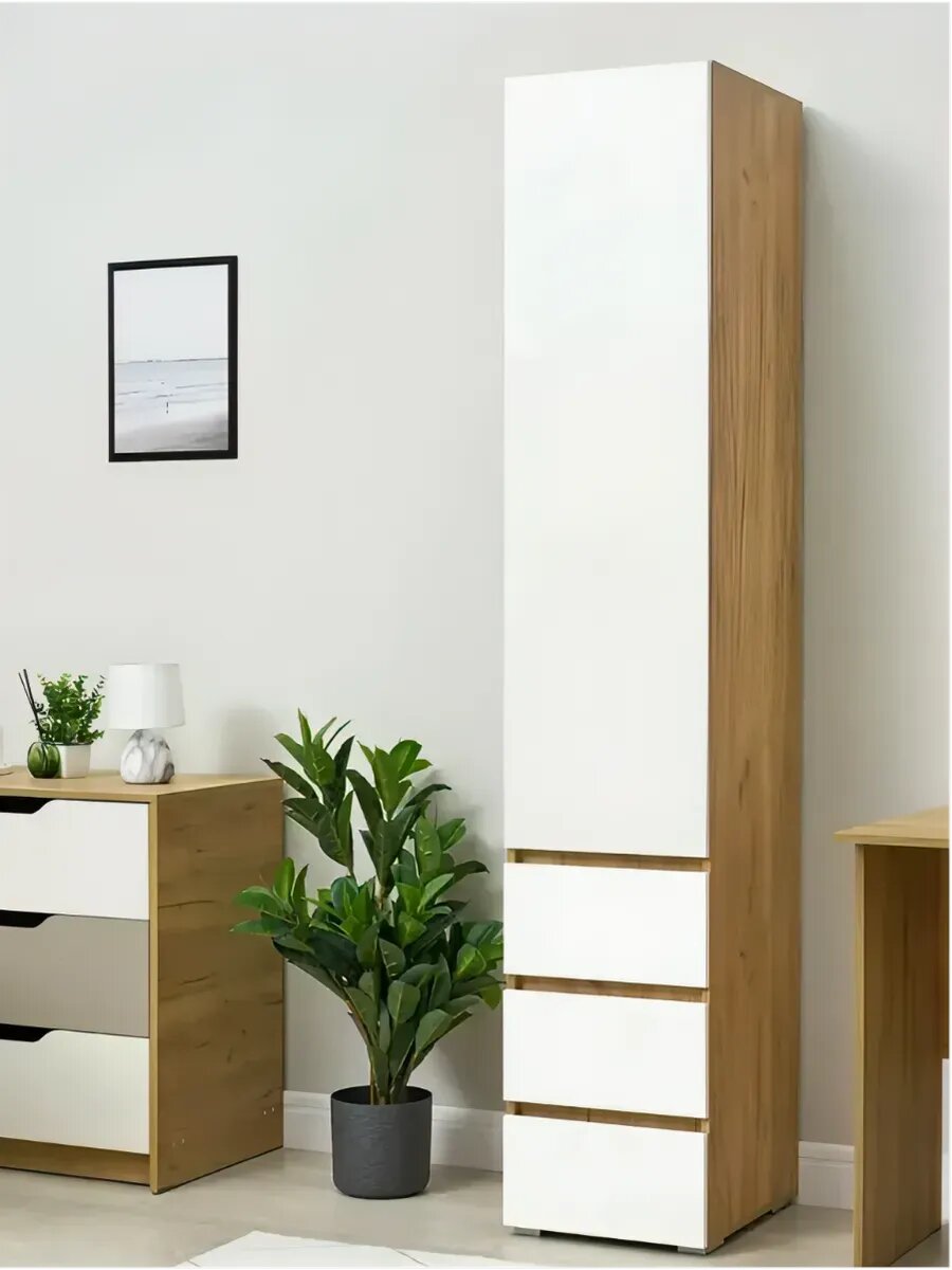 Пенал закрытый 40*210*46 см, с ящиками, с полками, ЛДСП, цвет- белый/дуб крафт золотой, Хелен ПН 03