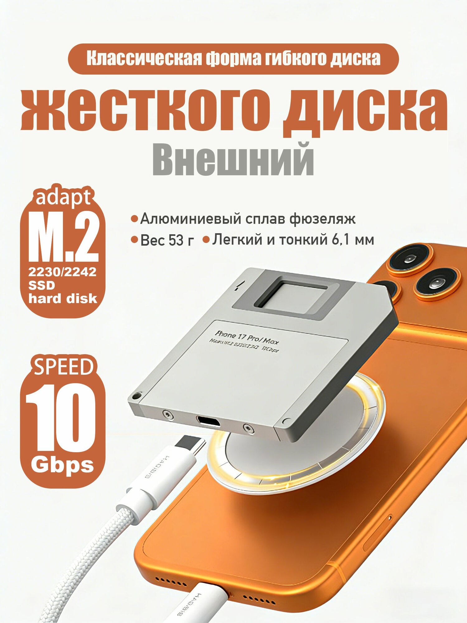 HAGiBiS NVMe SSD-корпус в форме дискеты для M.2 2230/2242, USB 3.2 Gen2 10 Гбит/с, ретро-серый внешний бокс для M.2 NVMe корпус в виде дискеты M.2 2230 2242
