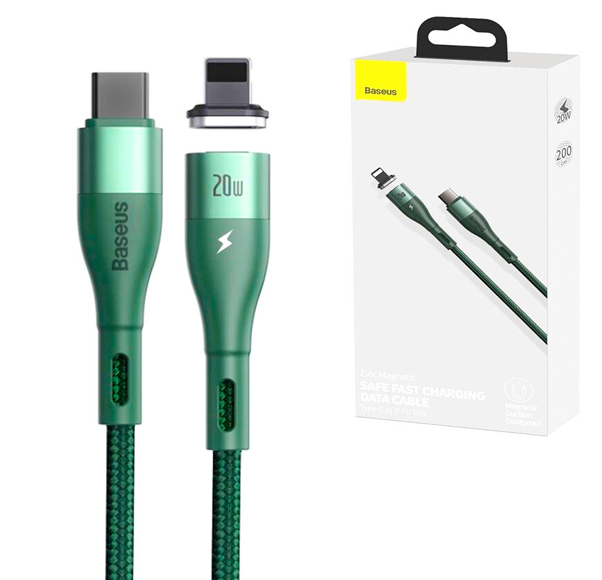 Кабель магнитный Baseus Zinc Magnetic Safe Fast Charginf Data Cable, Type-C to Lightning, PD20W, 2 м, Зеленый