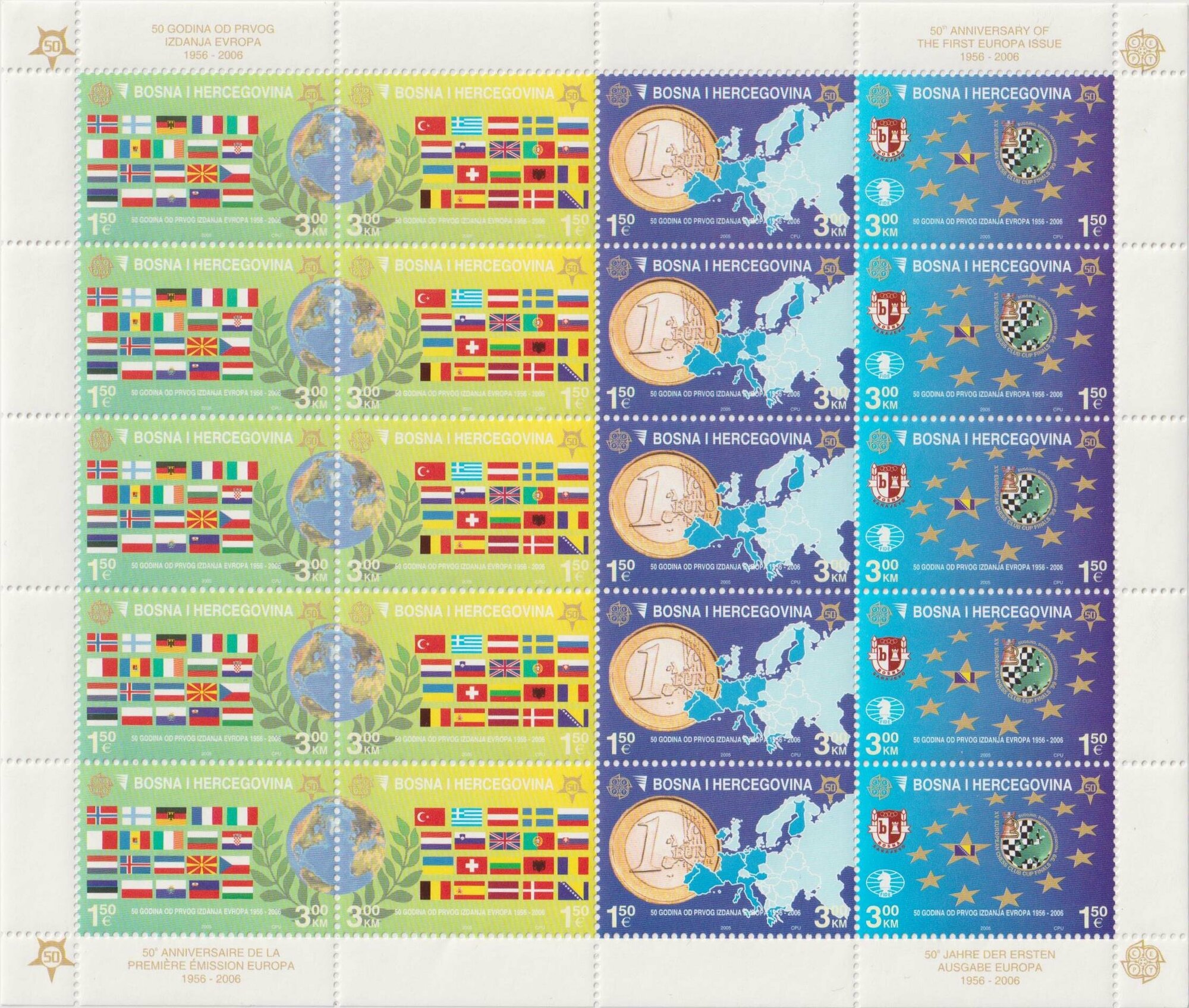Почтовые марки Босния и Герцеговина 2005г. "50-летие первых марок европы" Флаги, Монеты на марках, Праздники MNH