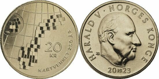 Норвегия 20 крон, 2023 250 лет государственной службе картографии и кадастра Норвегии