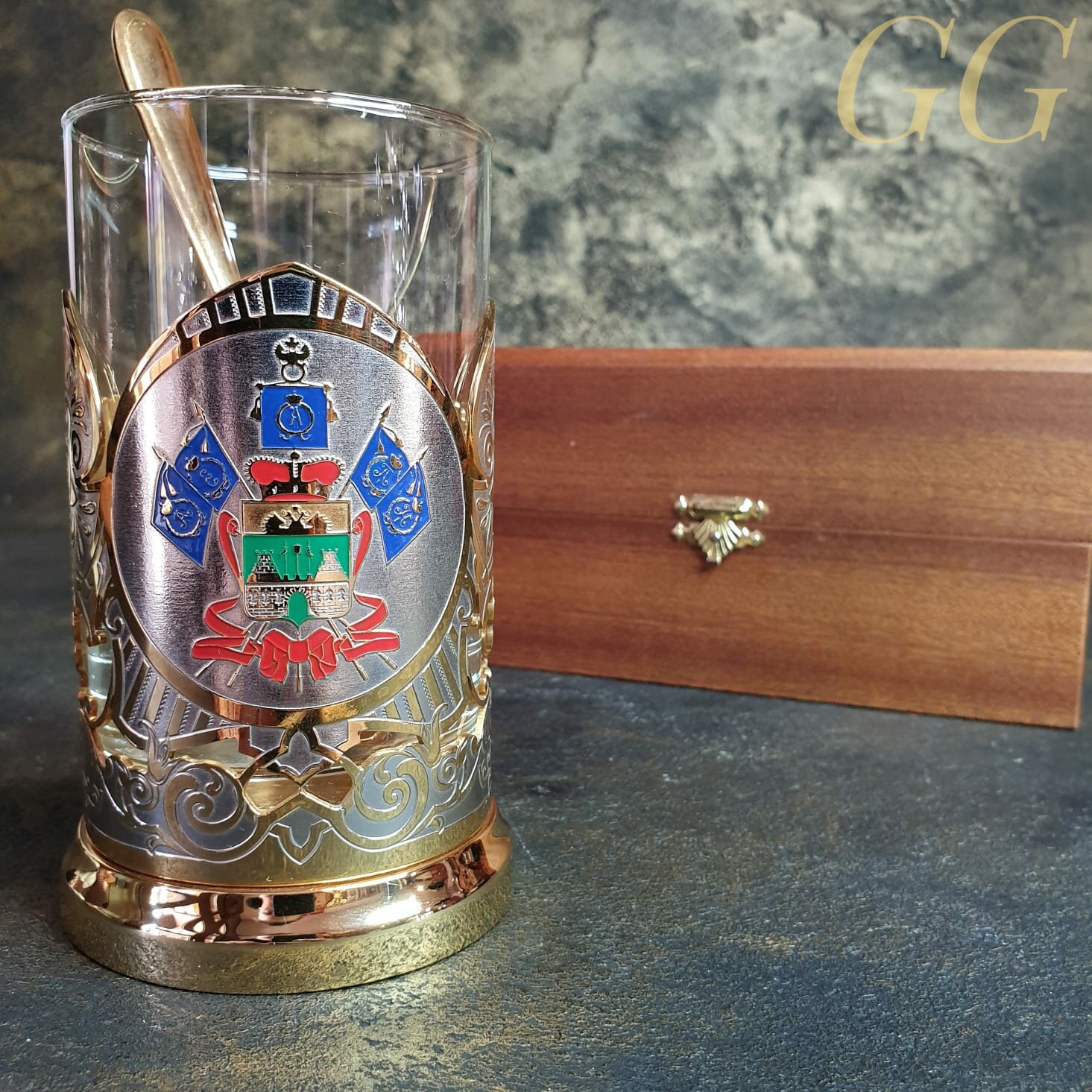 Набор чайный на 1 персону "Герб Краснодарского края" ( стакан, подстаканник, ложка чайная)