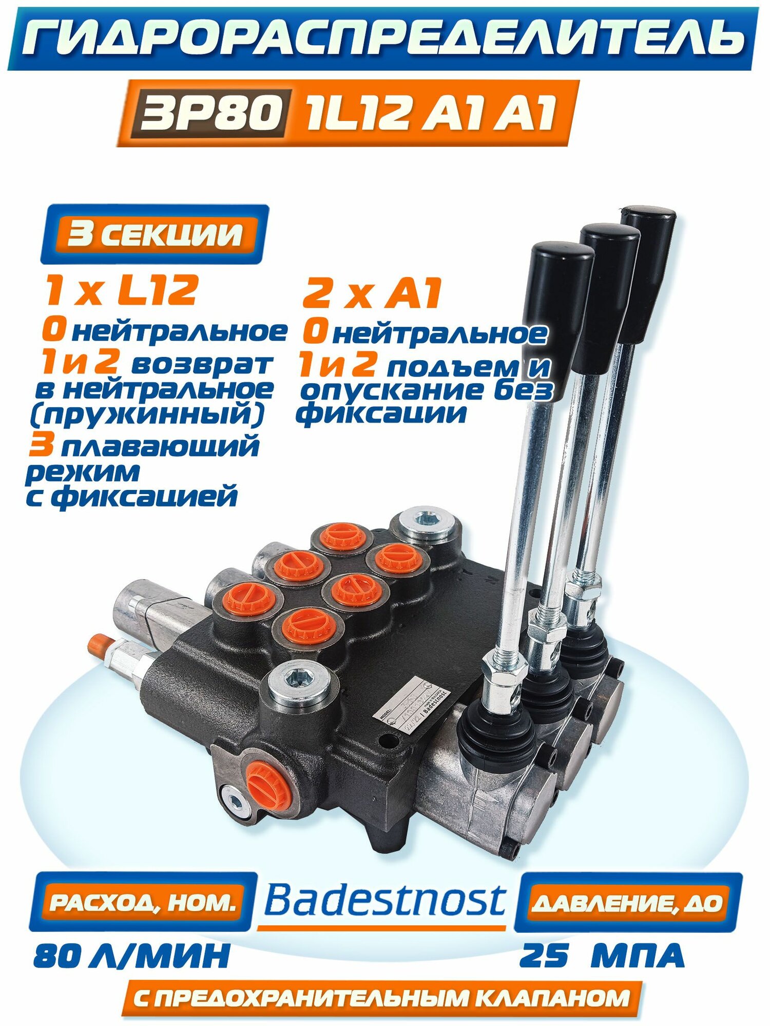 Гидрораспределитель 3P801L12А1А1 Gkz1, "Badestnost" Болгария, 80 литров в минуту, 3 секции (одна с плавающим режимом).