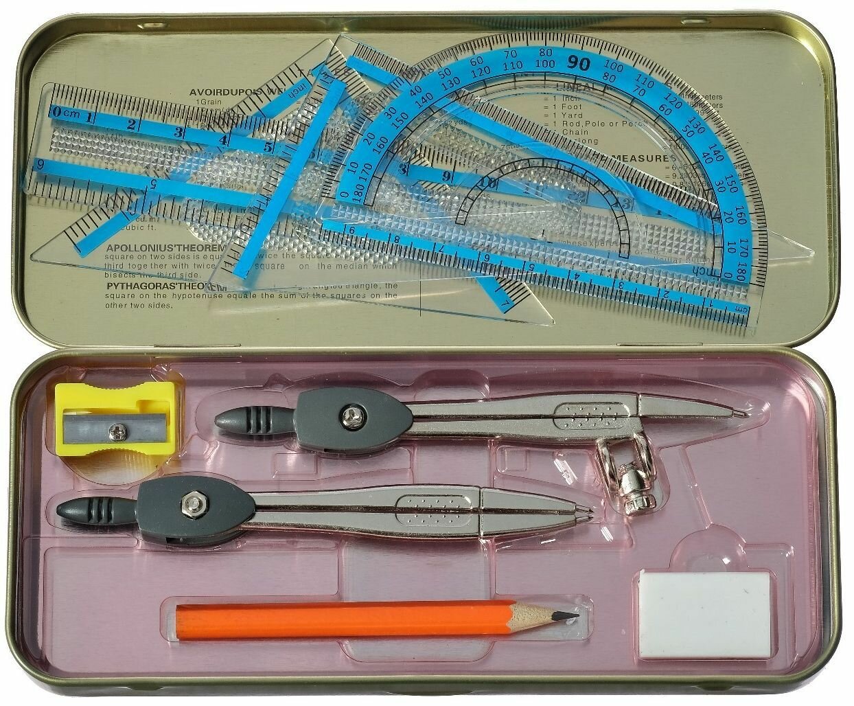 Готовальня для черчения из 9 предметов (2 циркуля 120 мм, угольник 60х30х90 мм, угольник 45х45х90 мм, линейка 15 см, транспортир, ластик, точилка), чертежный набор в металлическом пенале