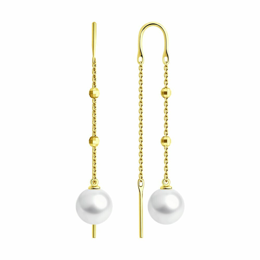 Серьги цепочки, желтое золото, 585 проба, жемчуг пресноводный культивированный