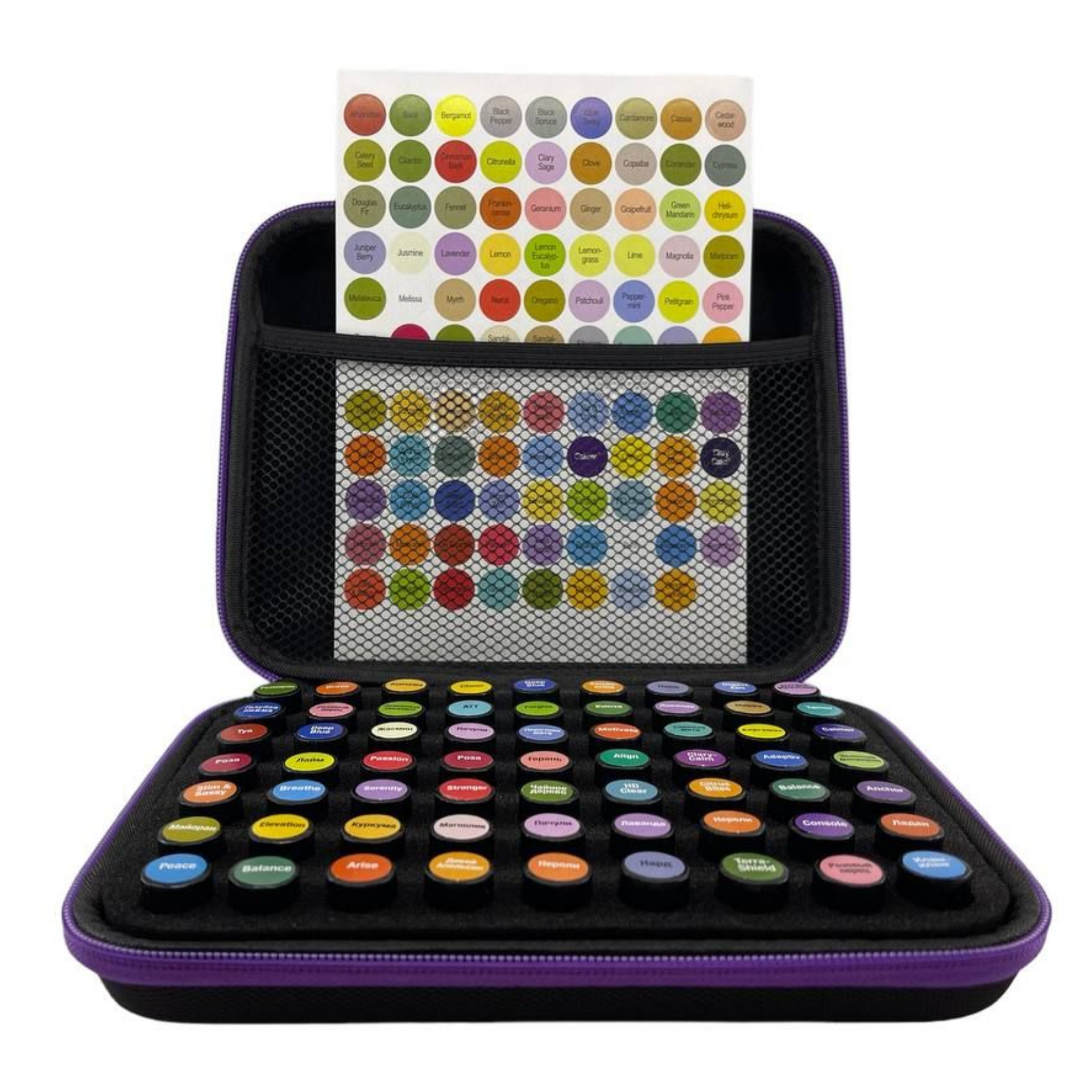 Аромабокс - сумочка на 63 ячейки с фиолетовой молнией + 63 флакончика на 2мл. + наклейки для эфирных масел doTERRA