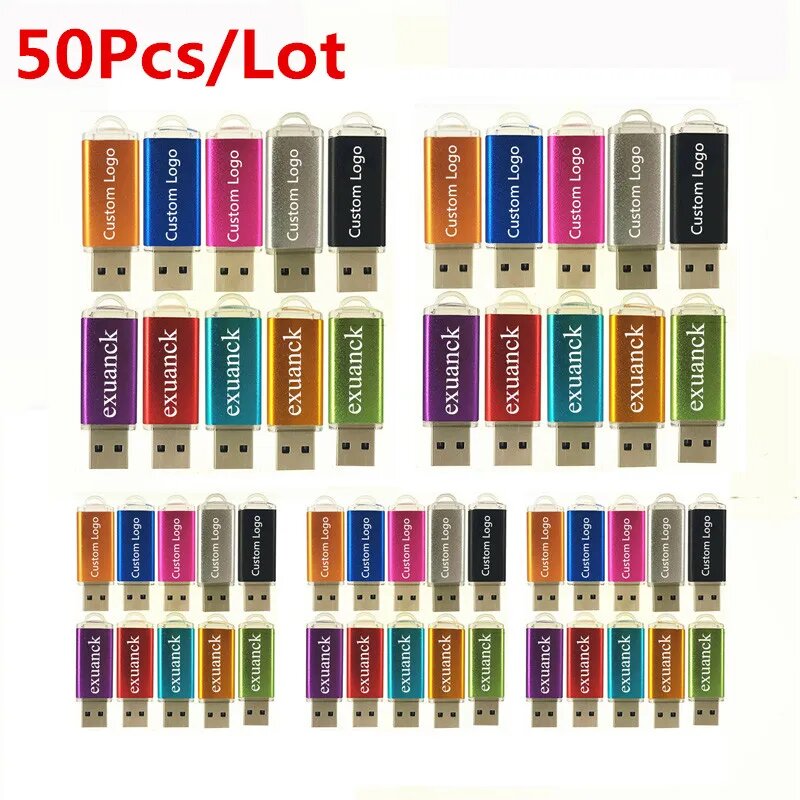 50 шт. USB-флешки с бесплатной индивидуальной печатью логотипа, 4 ГБ, 8 ГБ, 16 ГБ, 32 ГБ, 64 ГБ, USB 2.0, высокоскоростные, металлические, Y2