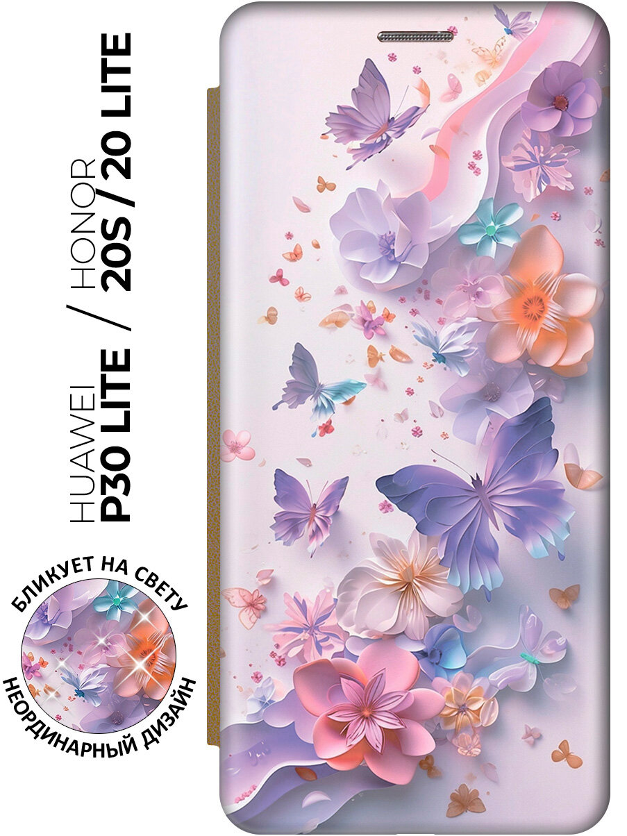 Чехол-книжка на Honor 20 Lite / 20s / Huawei P30 Lite с принтом "Фиолетовые бабочки и бумажные цветы" золотой