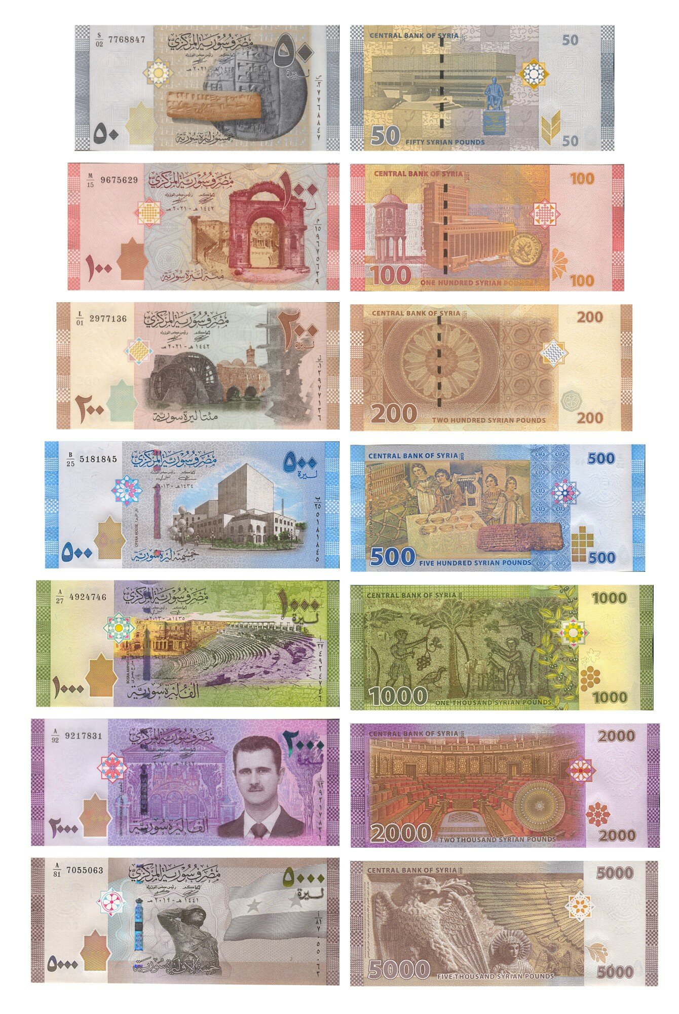 Набор банкнот Сирия 50, 100, 200, 500, 1000, 2000, 5000 фунтов 2009-2019г