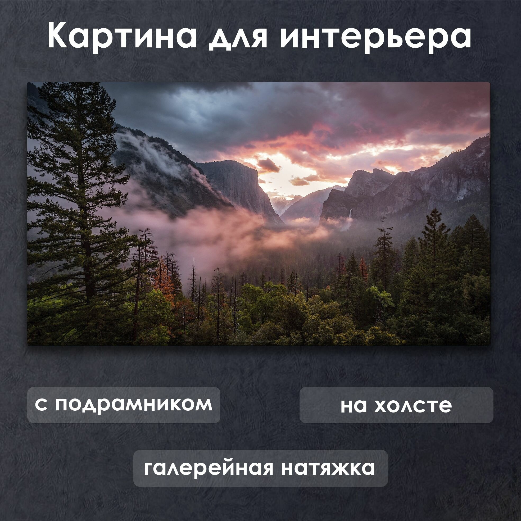 Картина для интерьера с подрамником на холсте на стену Пейзаж Горный туманный лес 90 x 50 см