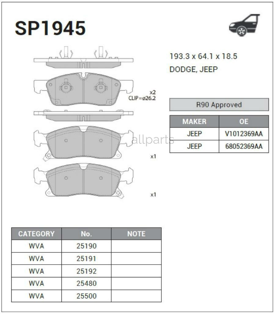 SANGSIN BRAKE SP1945 Колодки передние JEEP Grand Cherokee IV 2010->/MB GL(X166)/ML(W166) SANGSIN BRAKE SP1945