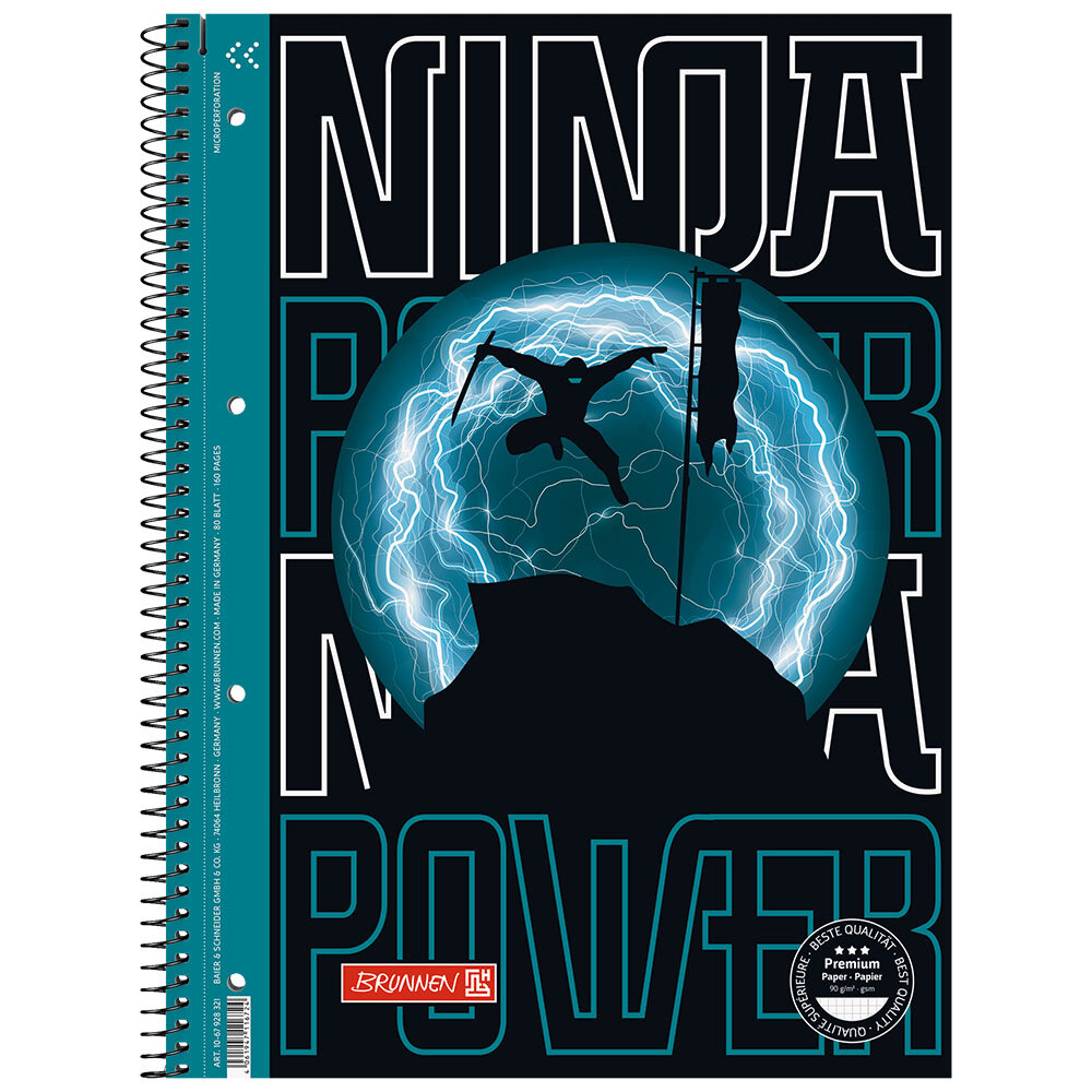 Тетрадь в клетку на пружине А4, Premium серия "Ниндзя", микроперфорация, 90 гр/м2, 80 листов, Brunnen (пр-во Германия)