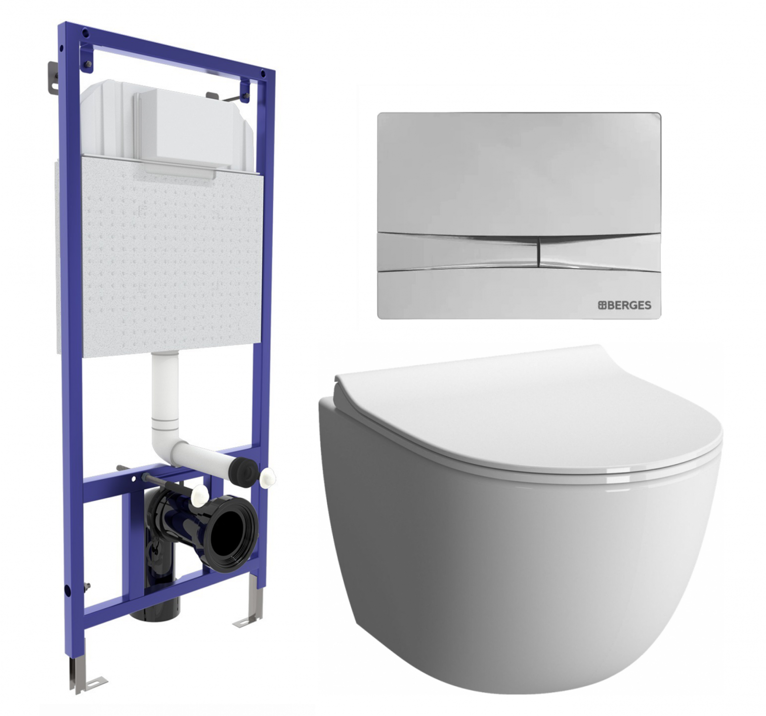 Комплект 3 в 1 инсталляция Berges Wasserhaus Novum 040253 + Унитаз подвесной VitrA Sento 7748В003-0075 + кнопка хром