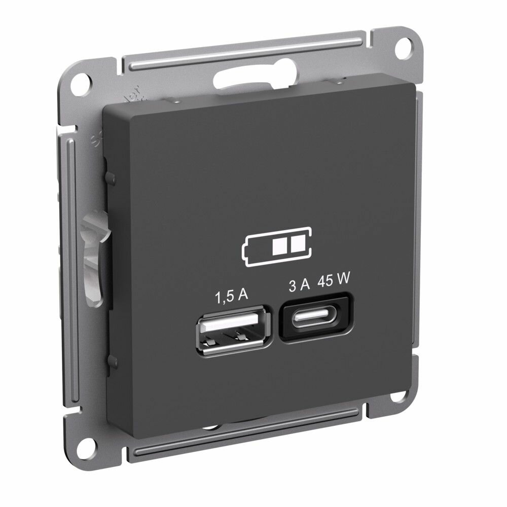 Systeme Electric AtlasDesign Базальт Розетка USB A + тип-C 45Вт высокоскор. заряд. QC, PD, механизм, ATN001429