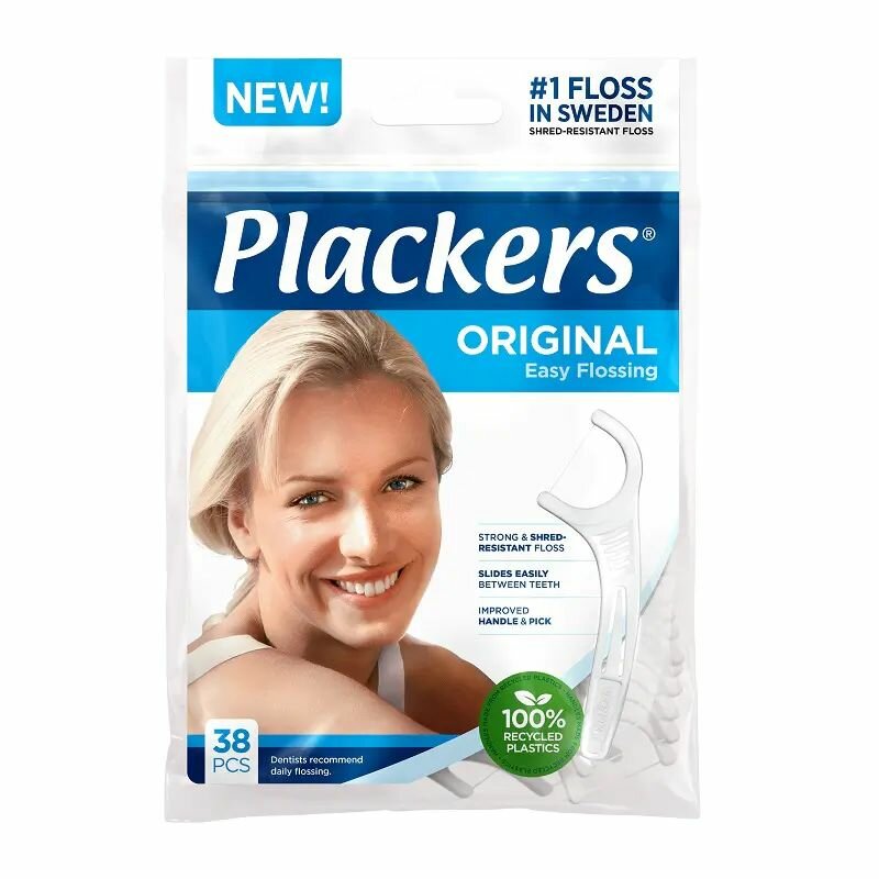 Зубная нить на держателе Plackers Easy Flossing, в упаковке 38 шт. (Швеция)