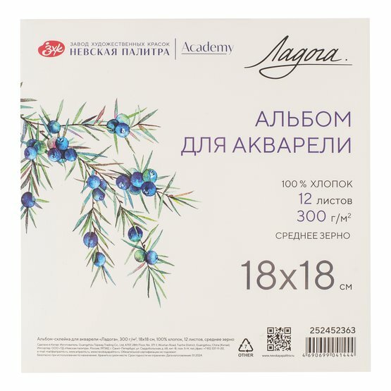 Альбом-склейка для акварели "Ладога", 300 г/м2, 18х18 см, 100% хлопок, 12 листов, среднее зерно