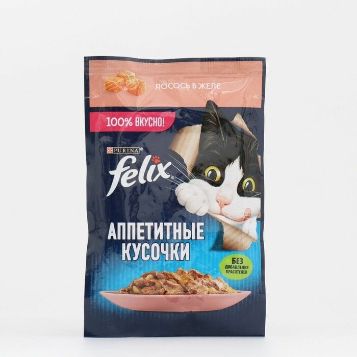 Влажный корм FELIX Аппетитные кусочки для кошек, лосось в желе, пауч 75 г (26 шт)