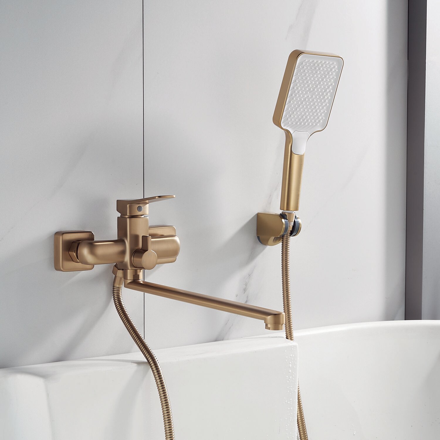 Смеситель для ванны с длинным изливом Shevanik S9922G золотой сатин