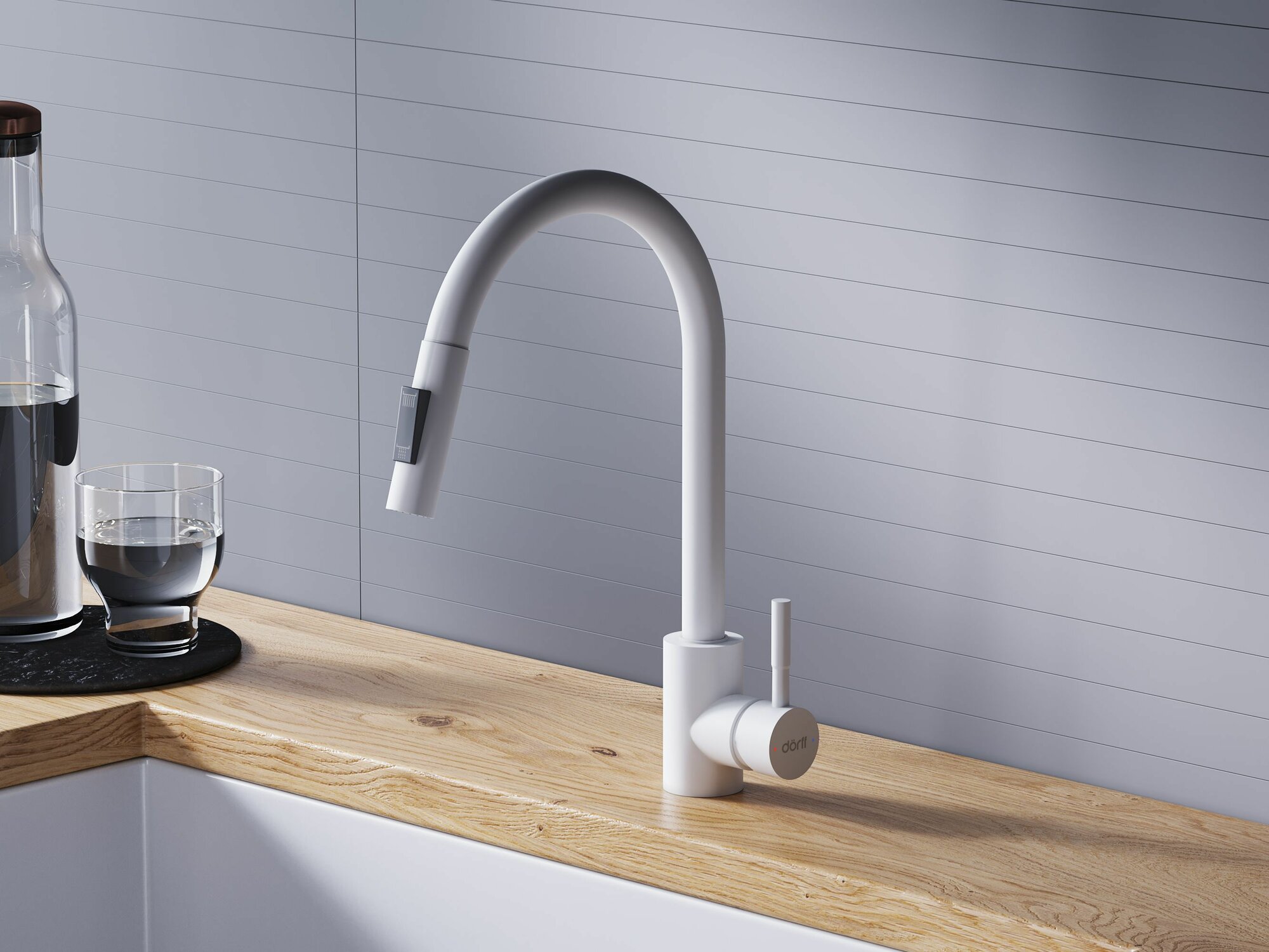 Смеситель для кухни с гибким изливом Dorff Logic D3007533 выдвижной излив, белый