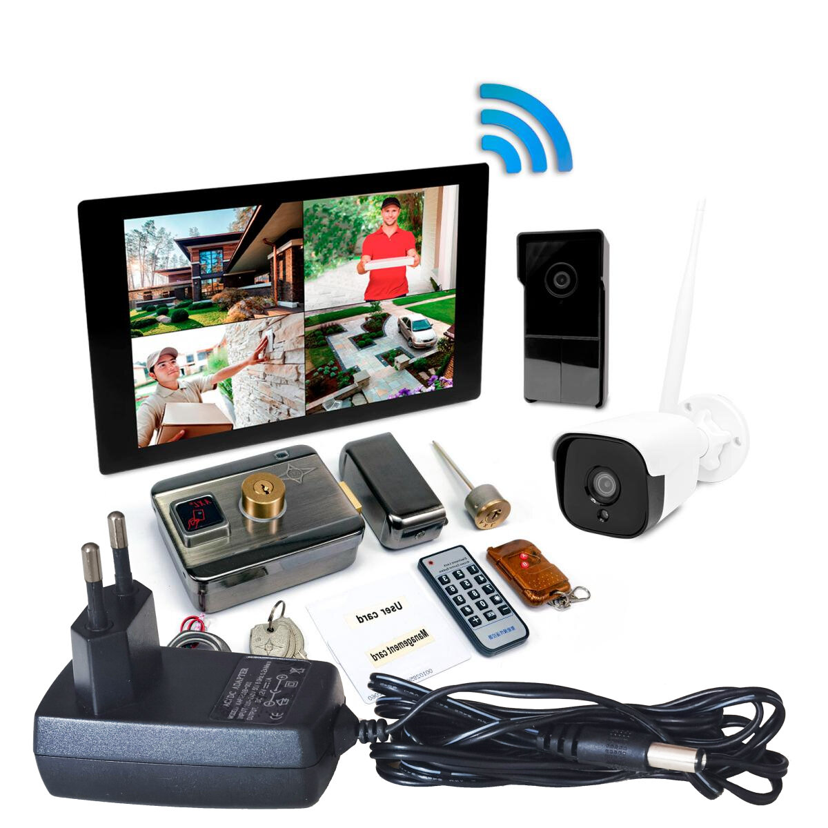 Радиоканальный домофон TUYA с камерой и замком - СкайНет 1000 (1+1+AX066) (Y12545YKS): HD экран 10 дюймов, цветная вызывная панель, замок электромех