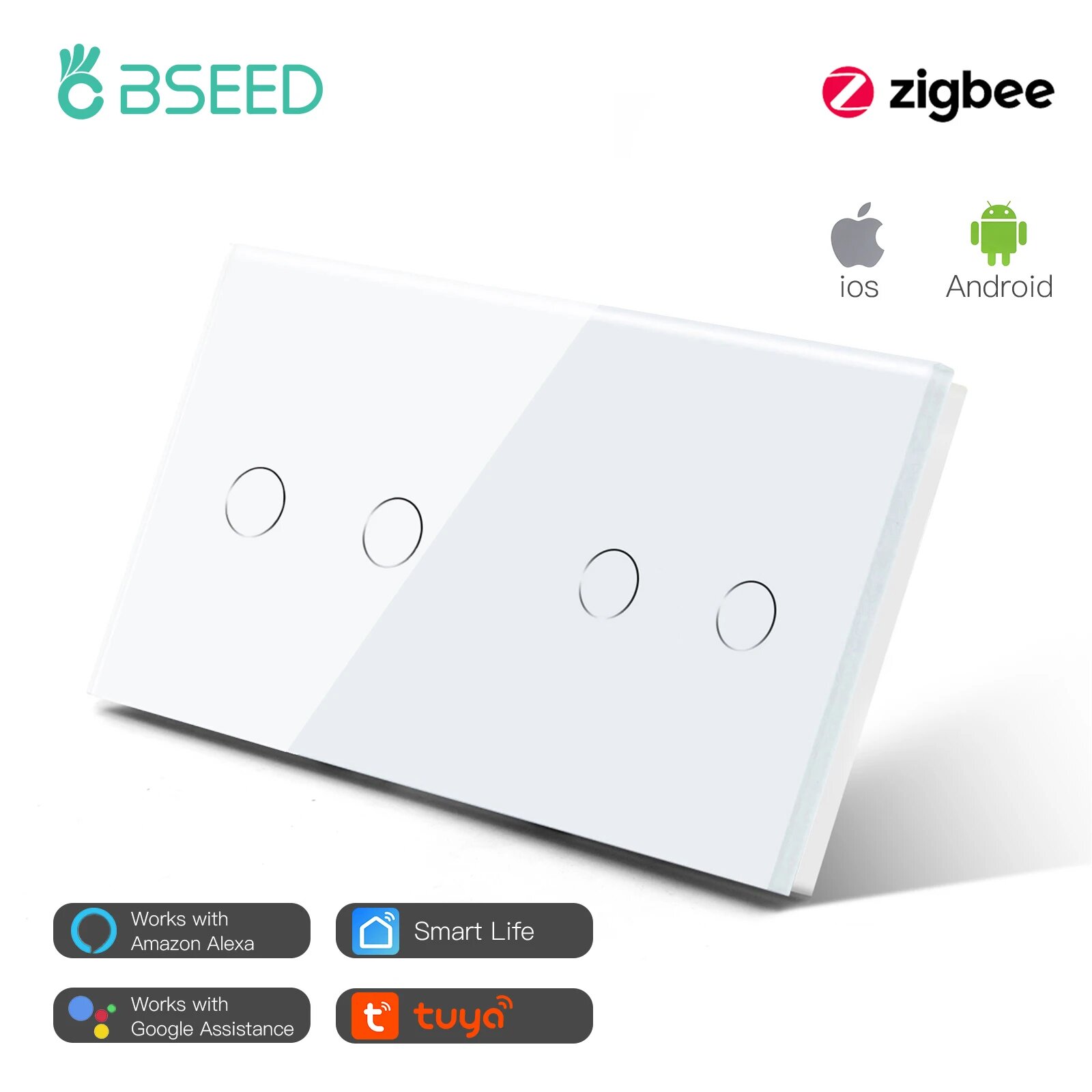 Беспроводной интеллектуальный выключатель BSEED Zigbee 1/2/3 клавиши Double 2Gang White