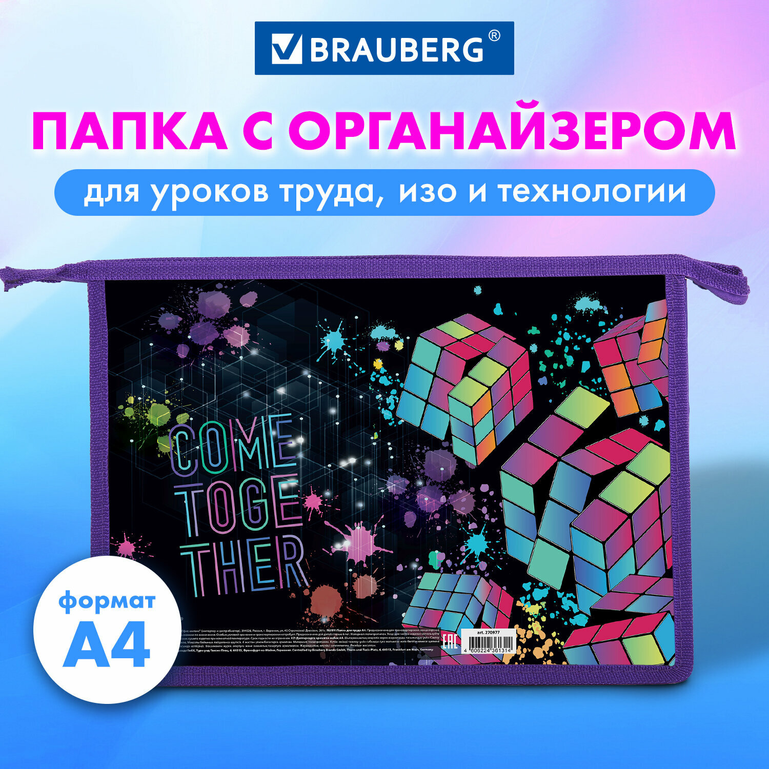 Папка для уроков труда и школы для школьника на молнии Brauberg А4, 2 отделения, органайзер, Come together, 270977