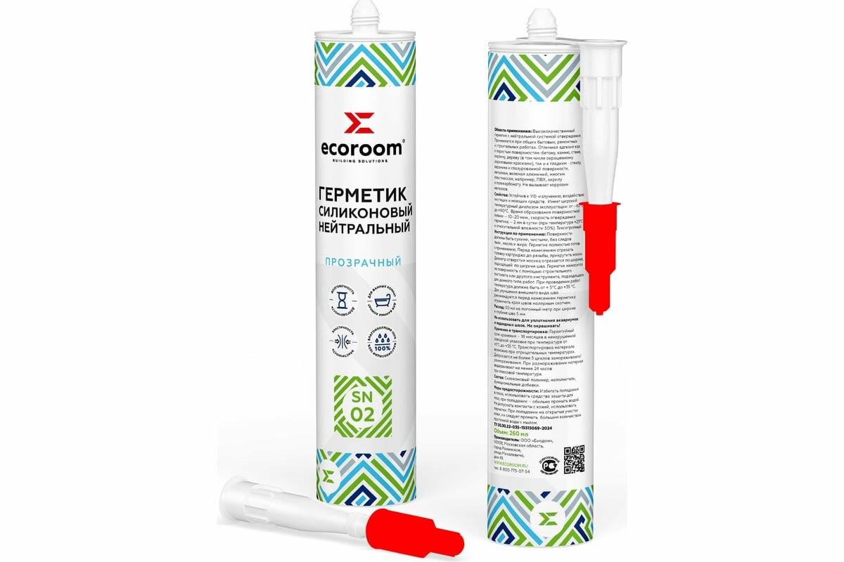 ECOROOM Герметик силиконовый нейтральный SN-02, прозрачный 260мл 2211-6-260