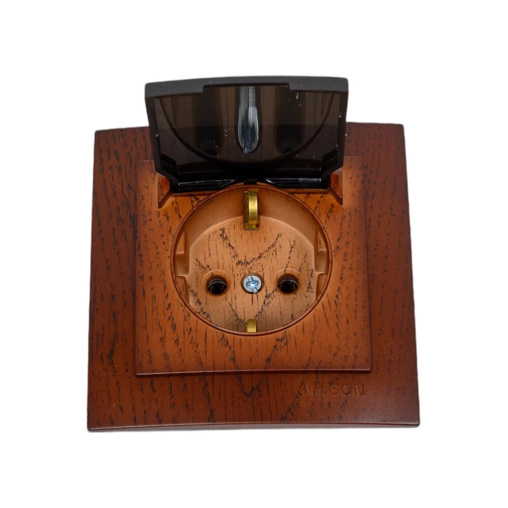 Розетка NILSON 1-местная с крышкой орех Touran wood, силовая, встраиваемая, IP20, 16А, 250В, квадратная, в комплекте