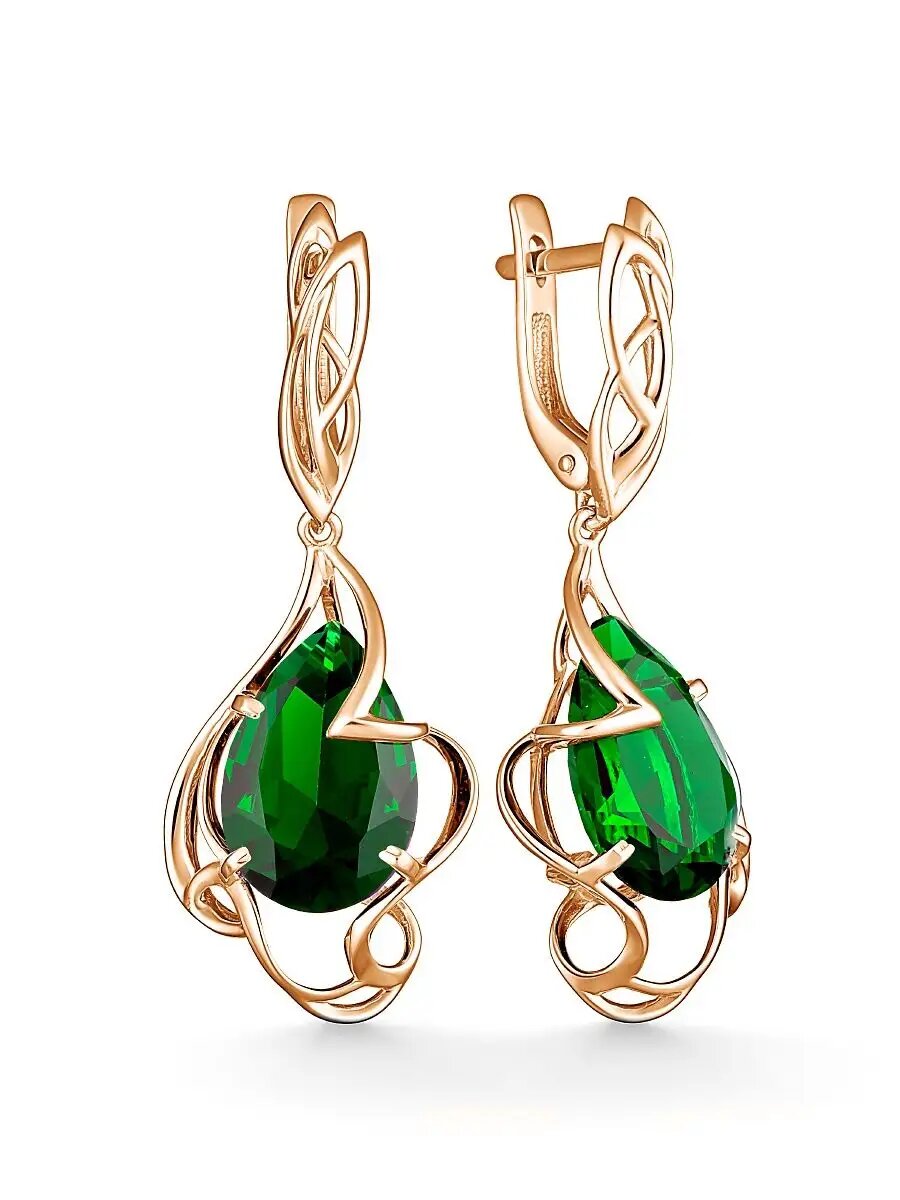 Серьги, красное золото, 585 проба, бриллиант, изумруд, изумруд синтетический