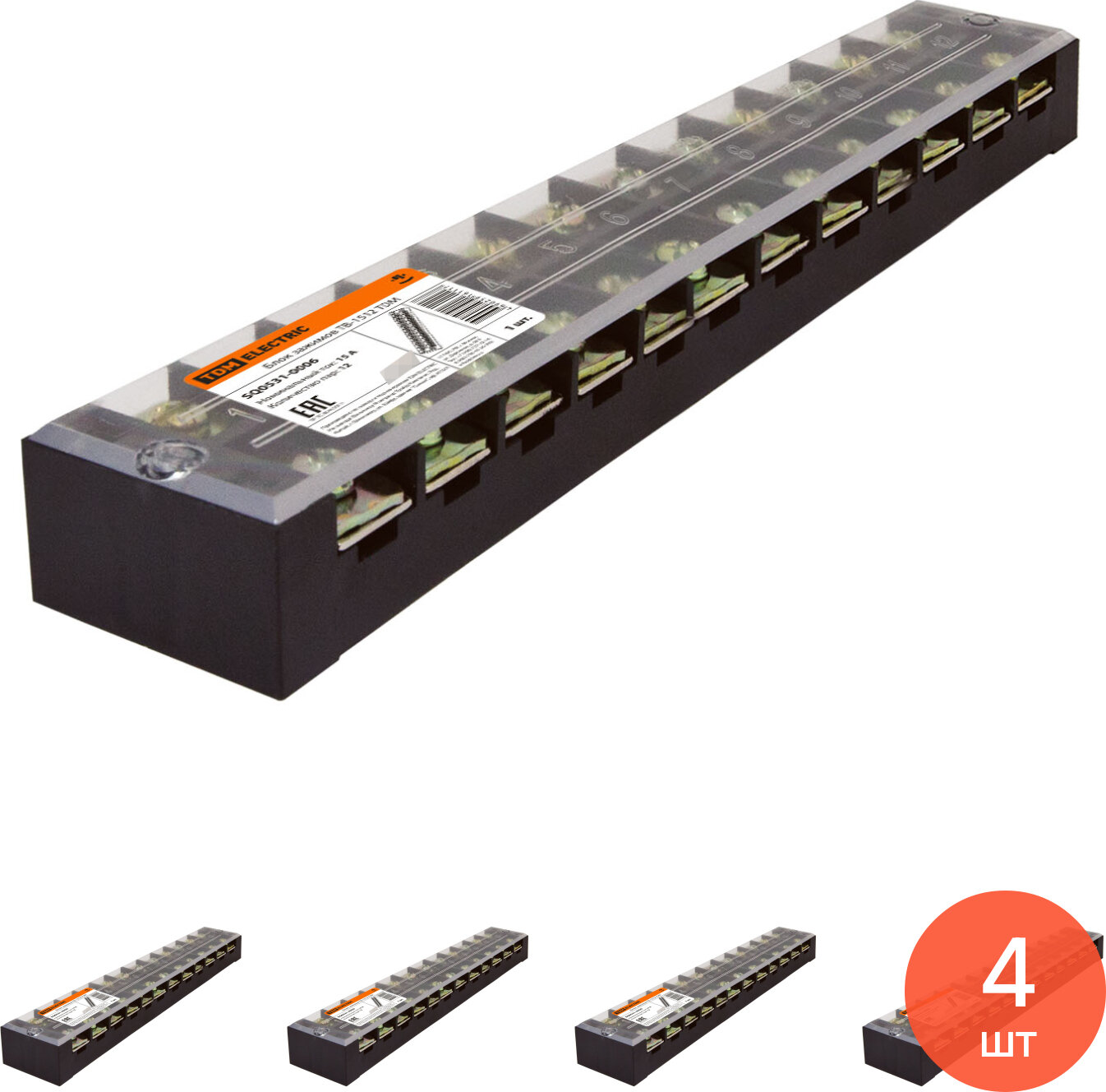 Блок зажимов TDM Electric / ТДМ Электрик ТВ-1512 колодка клеммная в корпусе из пластика черная, сечение 1.5мм2, 15А, 660В, 12 пар контактов / электрика (комплект из 4 шт)