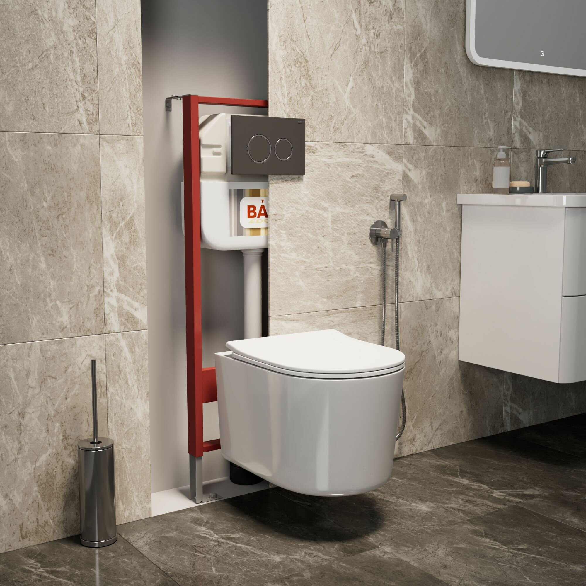 Комплект BAU 6 в 1: рамная инсталляция BAU NEO 45, унитаз подвесной безободковый Bau Hotel PRO, быстросъемное сиденье микролифт, кнопка смыва BAU Dream , черная матовая