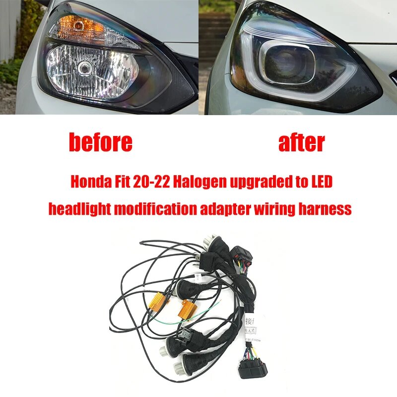 Адаптер для модификации автомобильных фар Honda Fit, конверсионный жгут проводов 2020-2022, галогенный, Модернизированный в светодиодный