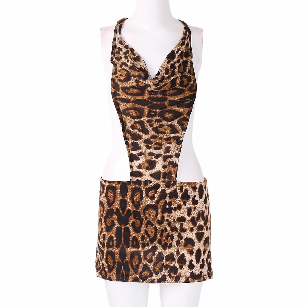 (1 комплект) Сексуальное женское белье с цепочкой на спине в виде женщины-кошки леопардовым принтом