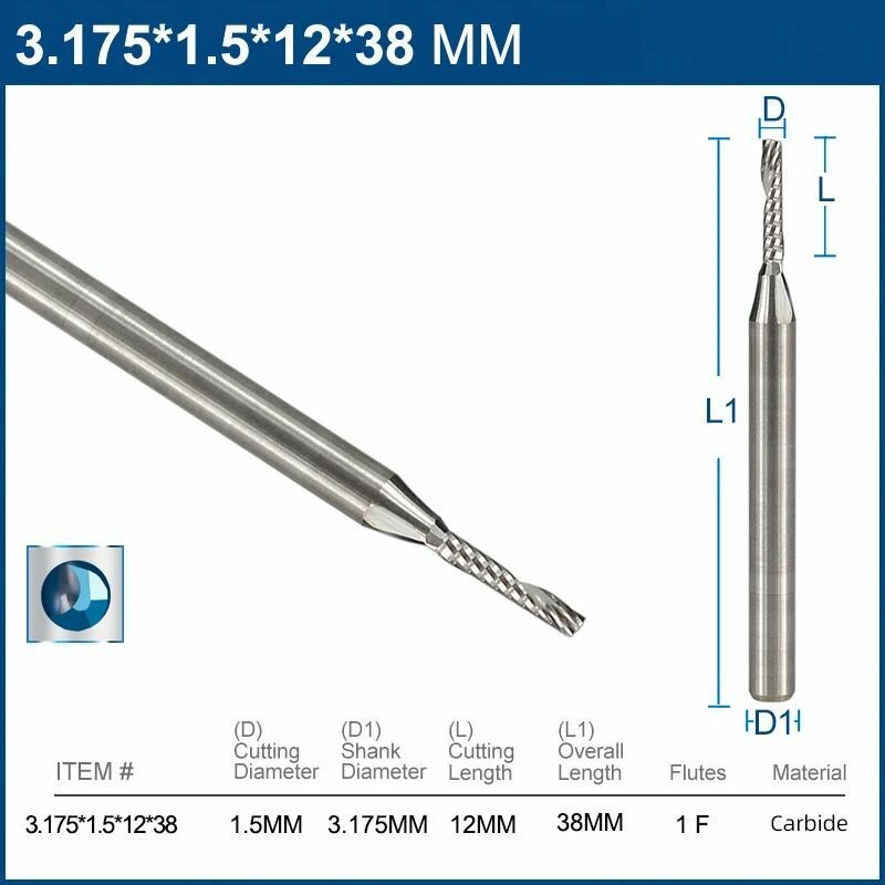 Фреза концевая XCAN однозаходная, 3,175х1,5х12х38мм спиральная однозаходная по дереву и пластику