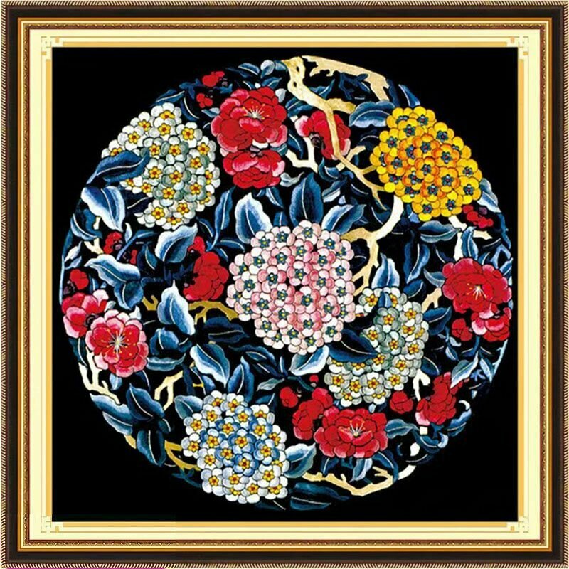 Набор для вышивания крестиком, новый китайский стиль "Цветущее богатство", 11х50х50см, полностью прошитый, (без подрамника, без рамки)